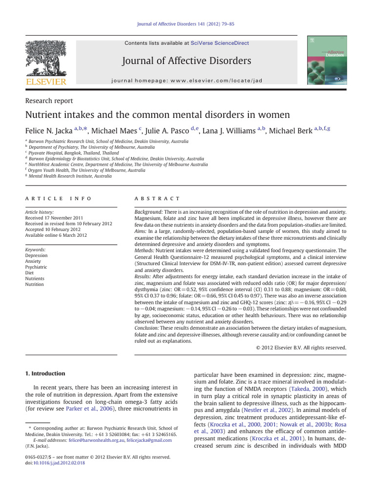Nutrient Intakes and The Common Mental Disorde 2012 Journal of ...