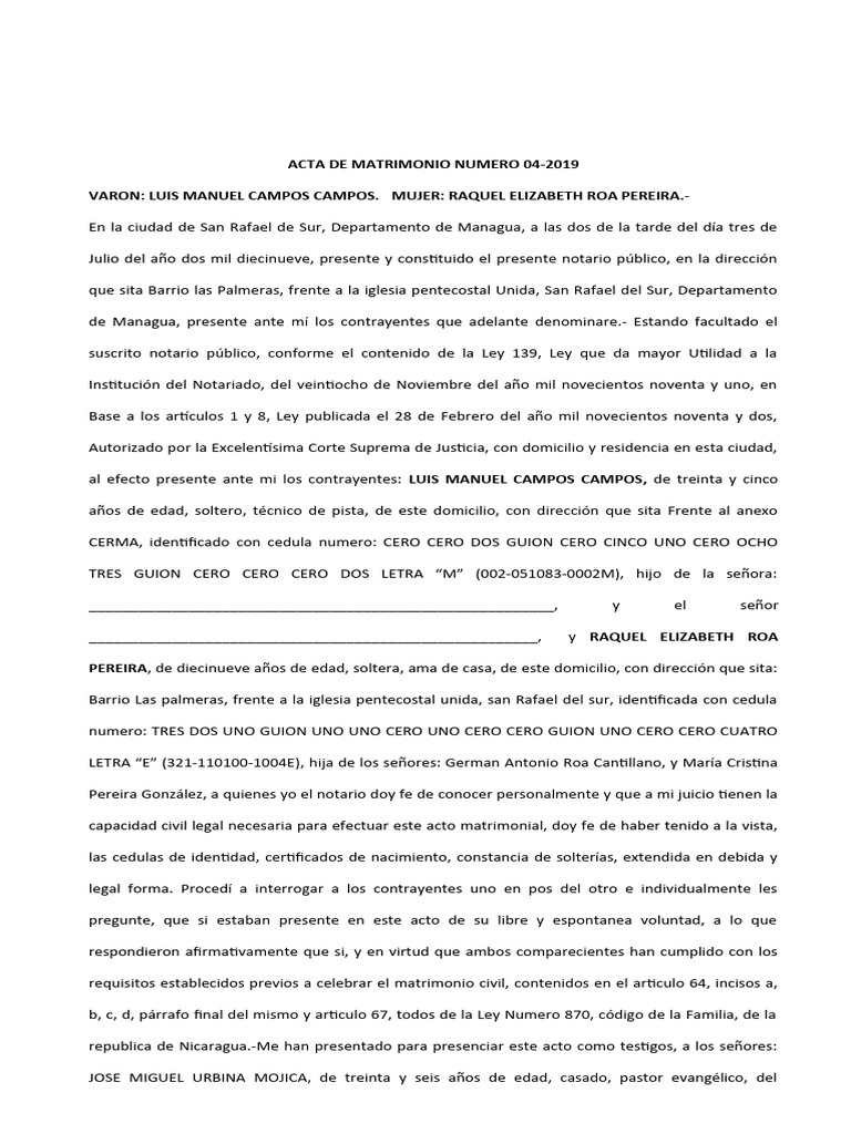 Acta de Matrimonio Luis-Elizabeth | PDF | Matrimonio | Justicia