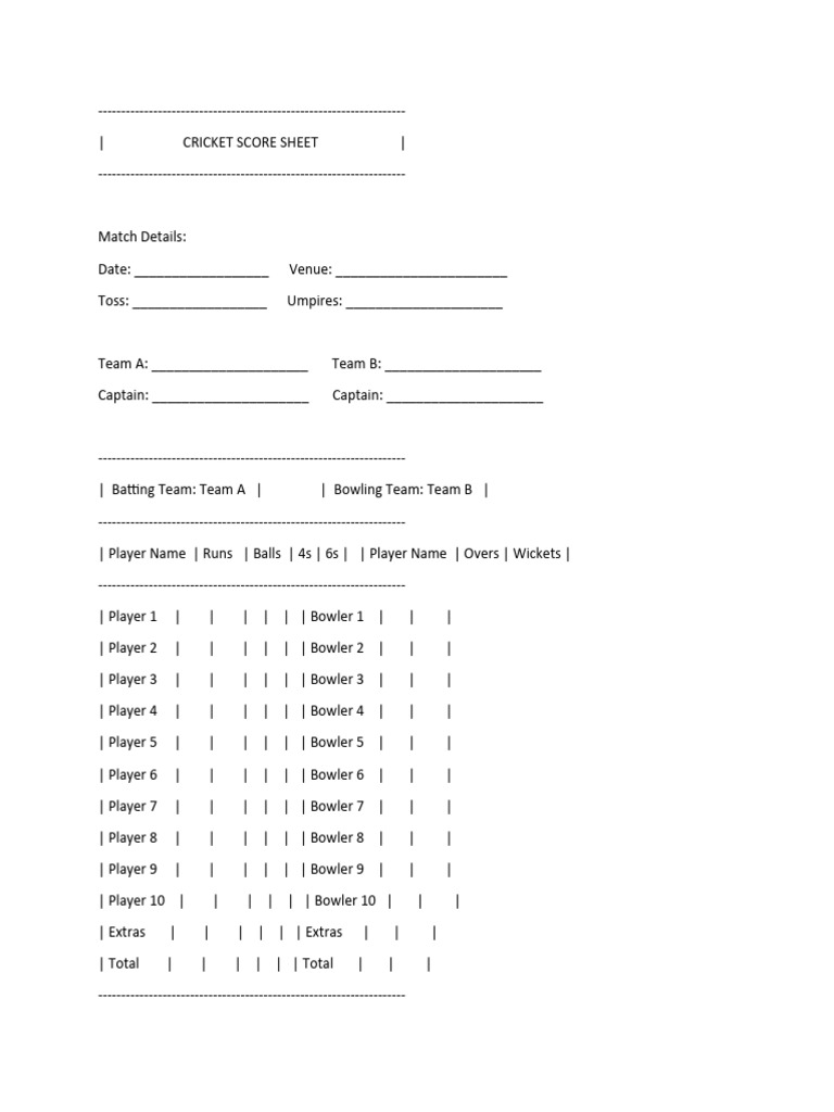 Cricket Score Sheet | PDF | Bowling (Cricket) | Team Sports