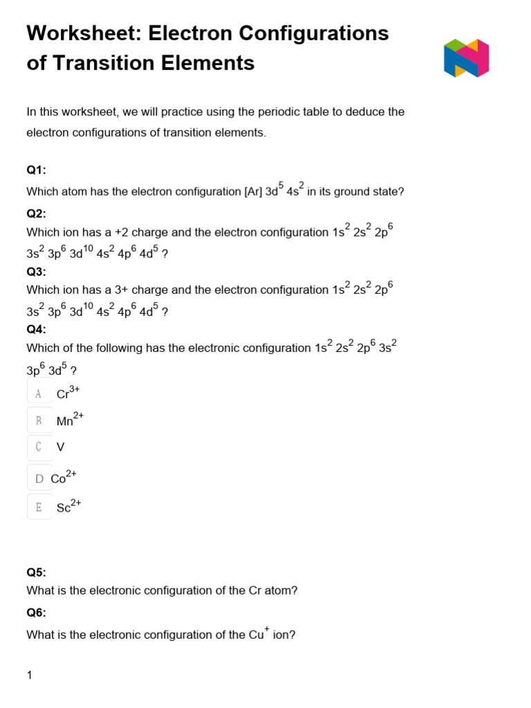 Worksheet: Electron Configurations of Transition Elements | PDF ...