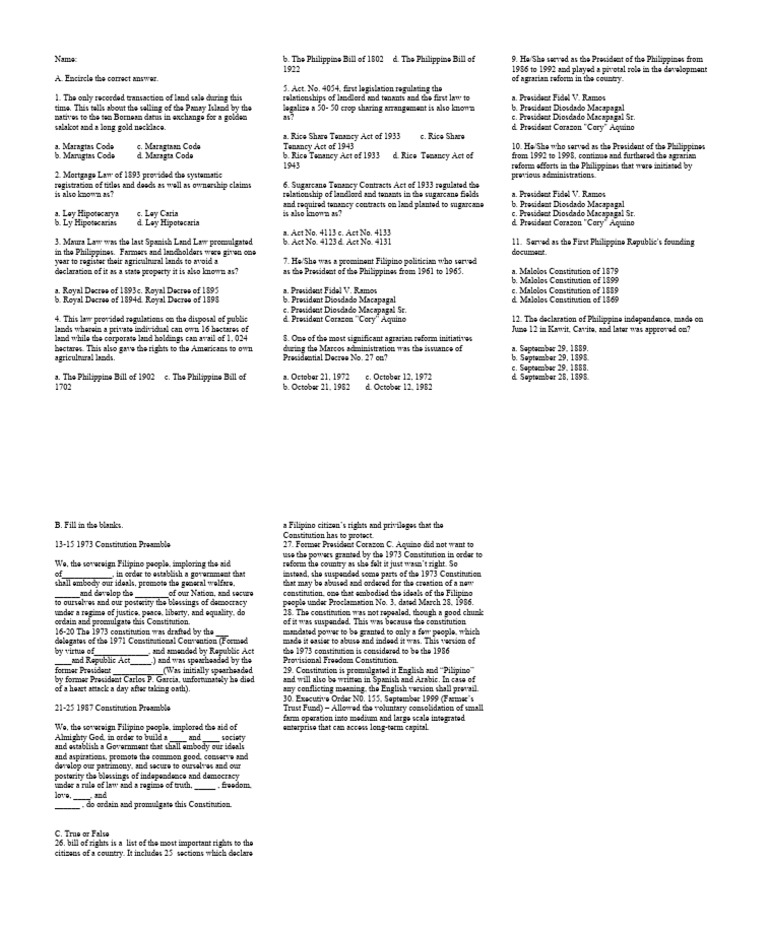 RPH Quiz | PDF | President Of The Philippines | World Politics