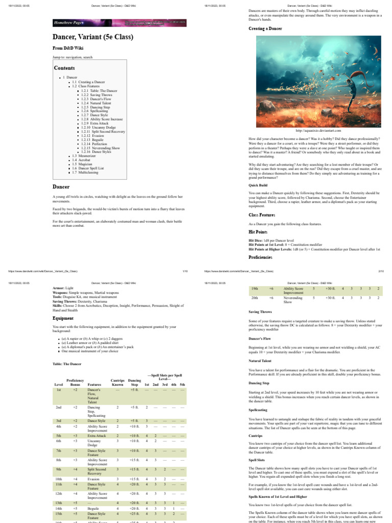 Dancer, Variant (5e Class) - D&D Wiki | PDF | Entertainment