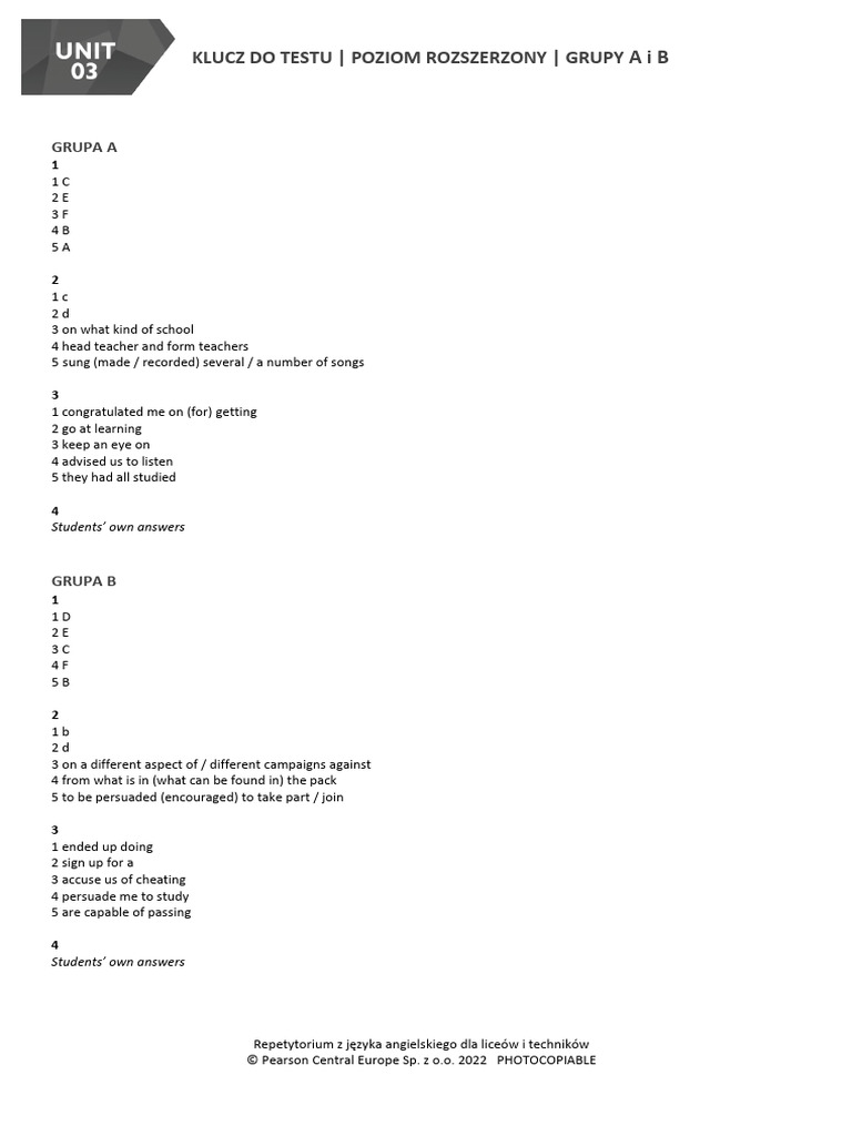 Unit 2 Test Key for Pearson Repetytorium | PDF | Career & Growth ...