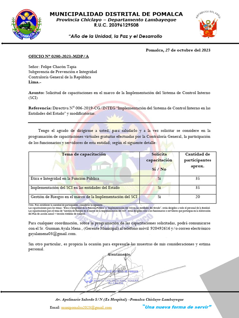OFICIO N°0280 Solicitud de Capacitaciones en El Marco de La Implementación Del Sistema de ...