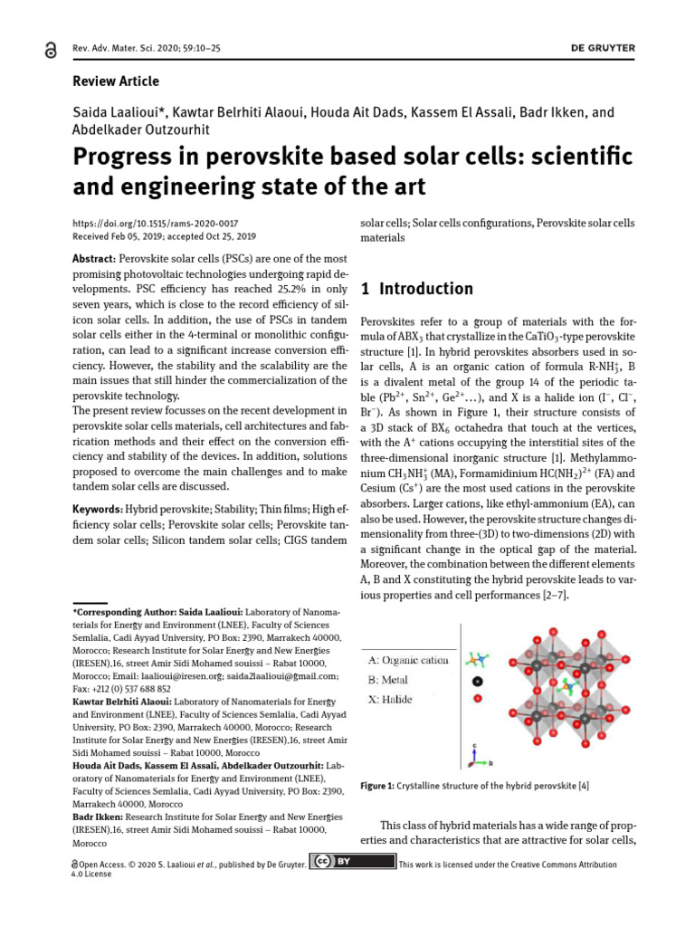 Progress in Perovskite Based Solar Cells: Scientific and Engineering ...
