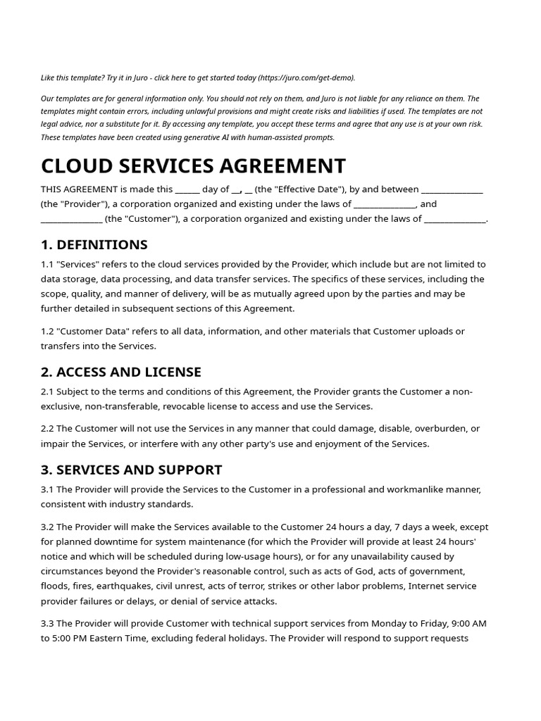 Cloud Services Agreement Template | PDF | Indemnity | Civil Law (Legal System)