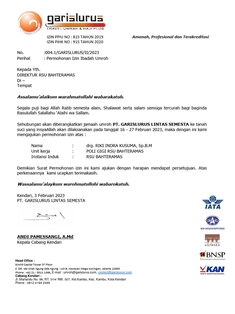 SURAT IZIN KE RSU BAHTERAMAS - Drg. RIKI INDRA KUSUMA, SP - BM | PDF | Hukum