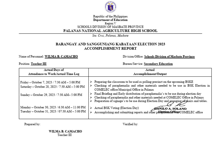 Accomplishment Report COMELEC BSK Election | PDF