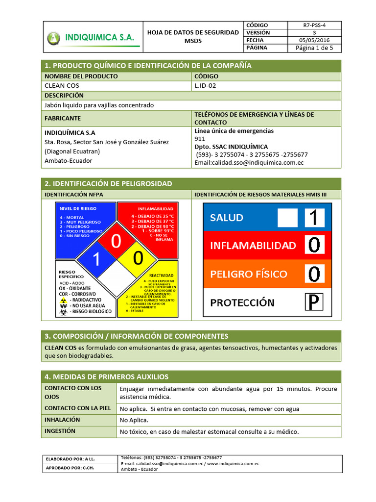 R8 PSS 4 Hoja de Seguridad Clean Cos | PDF | Agua | Solubilidad