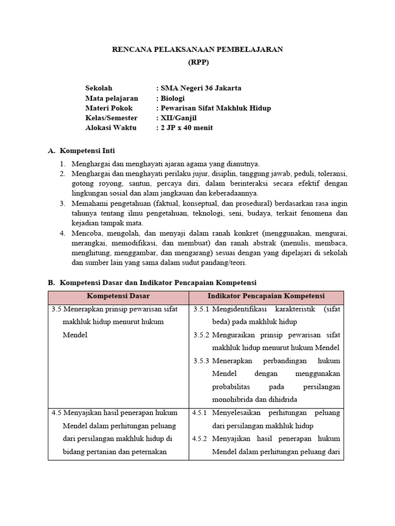 RPP Pewaarisan Sifat Pada Mahluk Hidup | PDF | Karier & Perkembangan