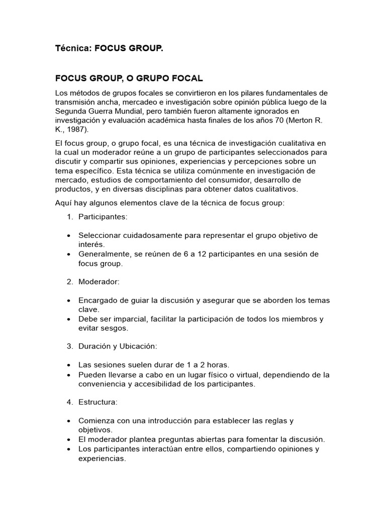 Técnica Focus Group | PDF | Grupo de enfoque | Metodología