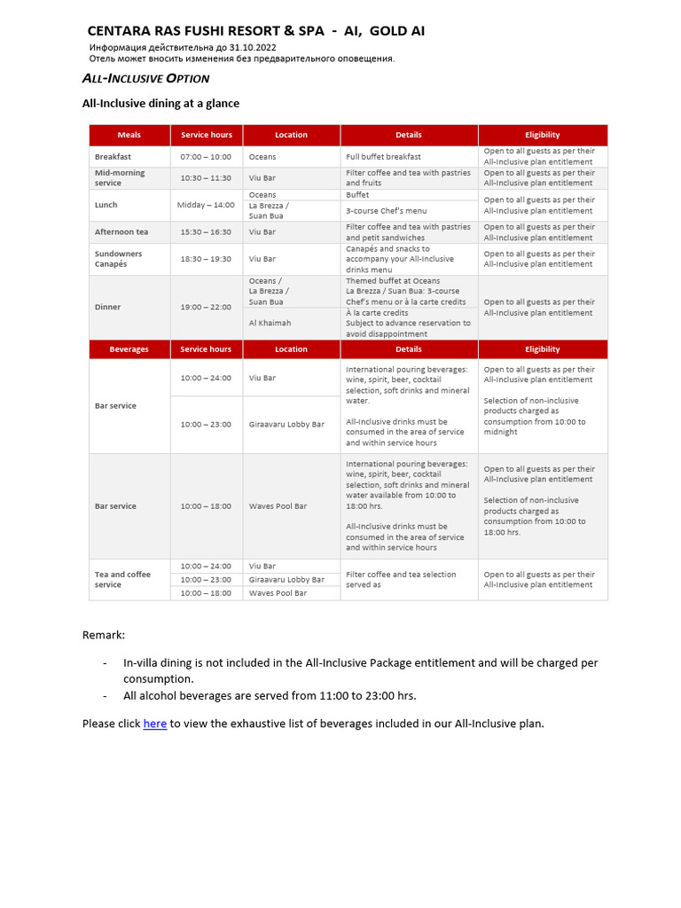 Centara Ras Fushi Resort ALL Gol | PDF | Drink | Restaurants