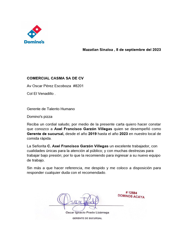 Carta de Recomendacion Dominos Pizza | PDF