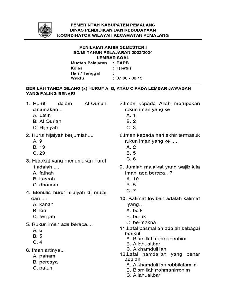 Soal Aas Pabp Kelas 1 SMT 1 | PDF