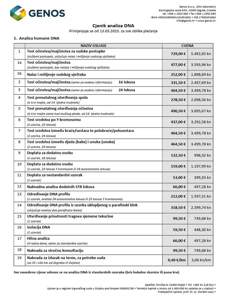 Ds-003 019 Cjenik-2023 Genos-DNA-laboratorij v19 13.03.2023-1 | PDF