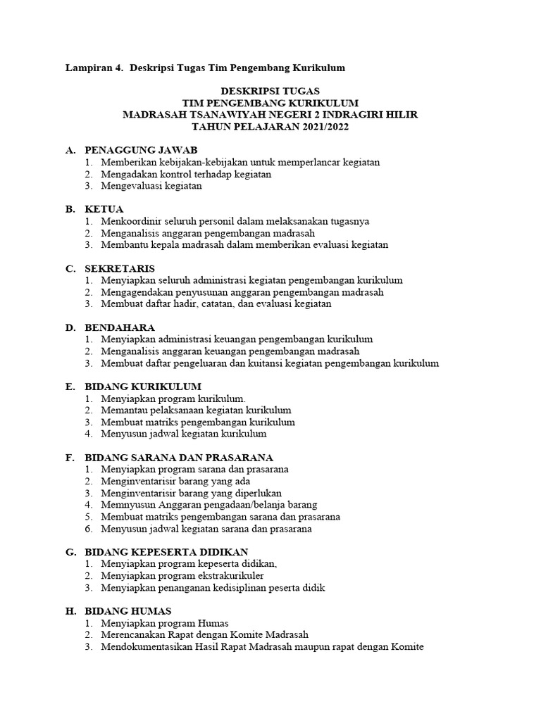 Lampiran 4. Deskripsi Tugas Tim Pengembang Kurikulum 2021 | PDF