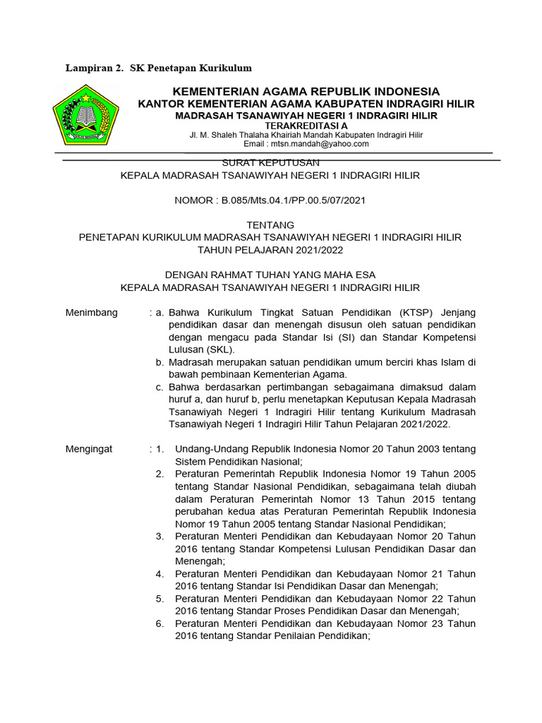 Lampiran 2. 048 SK Penetapan Kurikulum 2021 | PDF