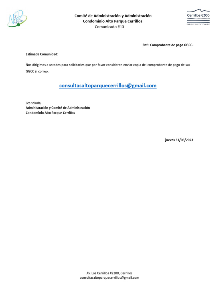 13 Comunicado - Ref. Comprobante de Pago GGCC - 31-08-2023 | PDF
