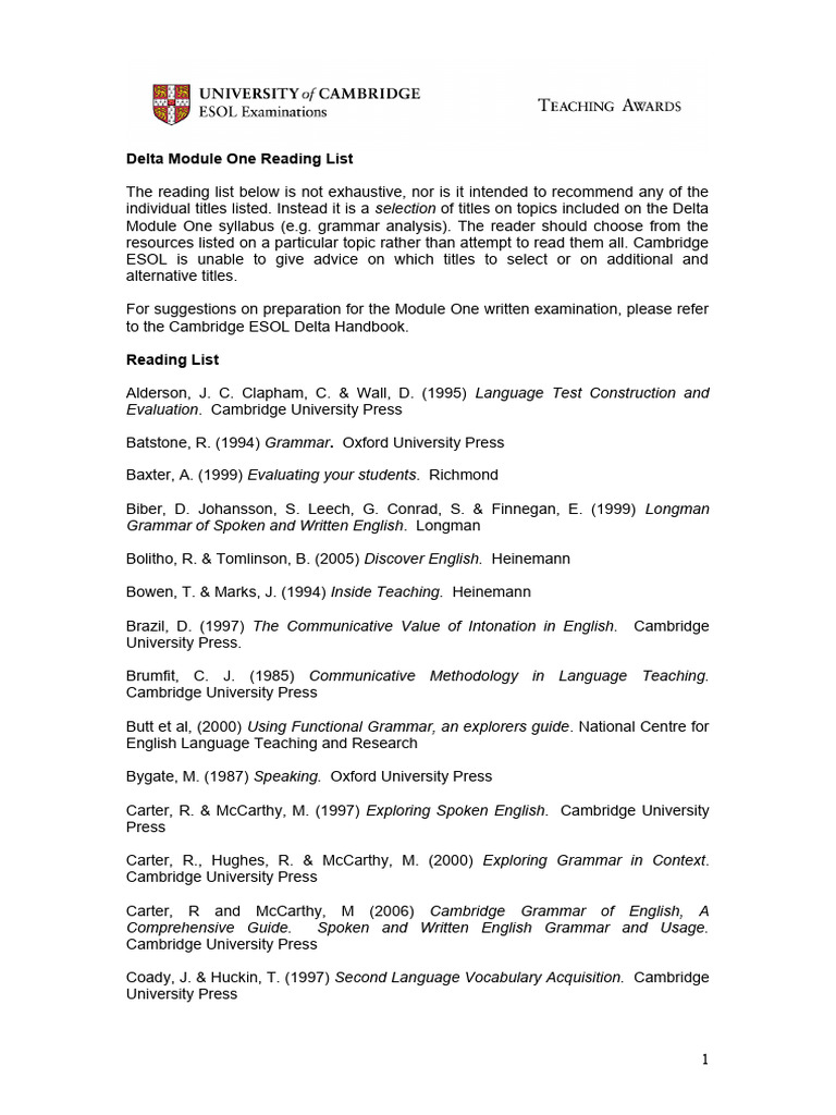 Delta Module One Reading List | PDF | Language Education | English Language