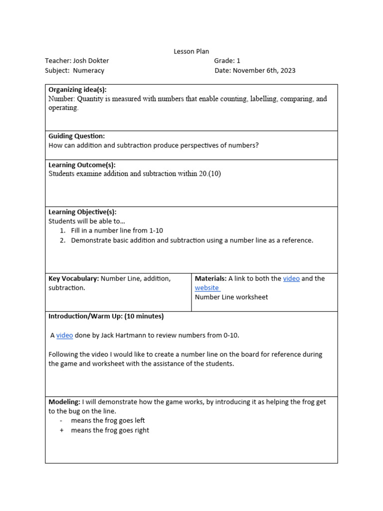 Numeracy Lesson Plan November 6th 1 | PDF | Teaching | Pedagogy