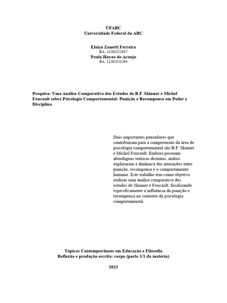 Análise de Skinner e Foucault na Psicologia | PDF | Behaviorismo ...
