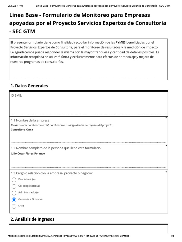 Línea Base - Formulario de Monitoreo para Empresas Apoyadas Por El ... Línea Base - Formulario de Monitoreo para Empresas Apoyadas Por El ...
