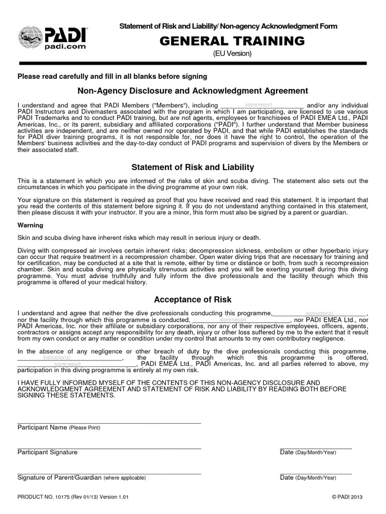 PADI Risk and Liability Acknowledgment Form | PDF | Scuba Diving ...