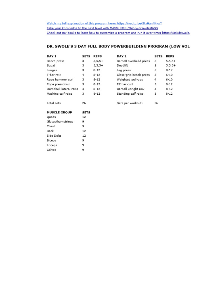 Dr. Swole's 3 Day Full Body Powerbuilding Program (Low Volume) | PDF