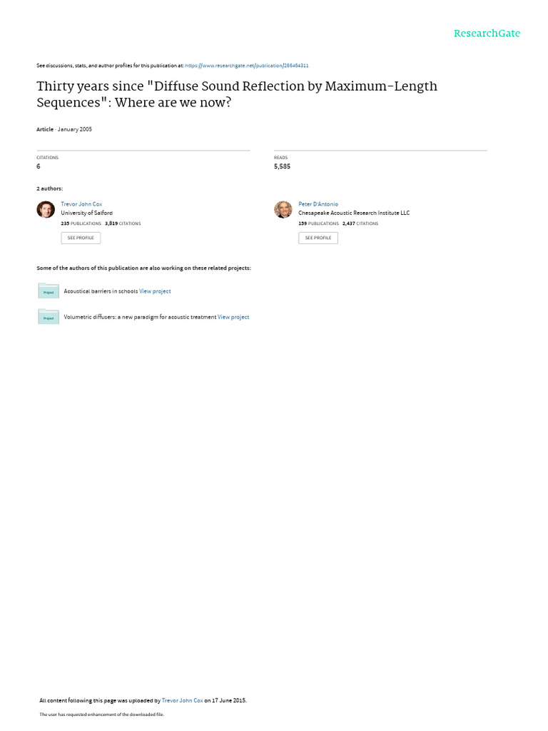 Thirty Years Since Diffuse Sound Reflection by Max | PDF | Scattering | Reflection (Physics)