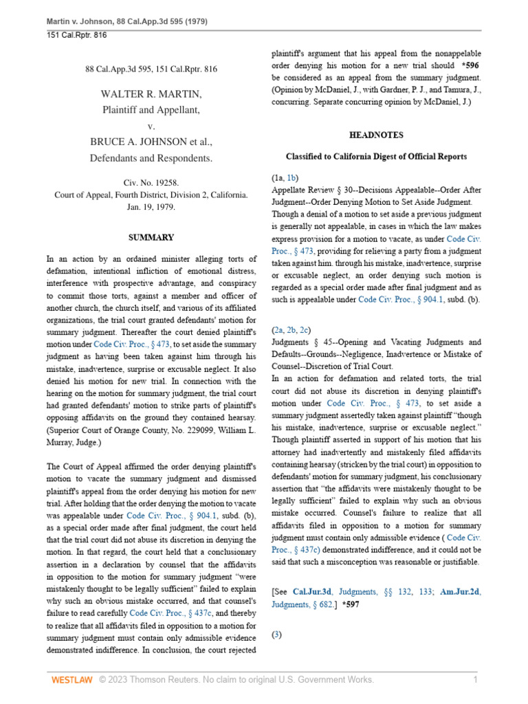 Martin V Johnson | PDF | Summary Judgment | Lawsuit