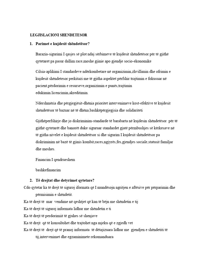 Parimet e Kujdesit Shëndetësor?: Legjislacioni Shendetesor | PDF