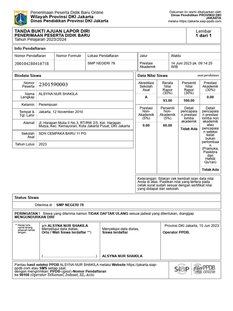 Tanda Bukti AJuan Lapor Diri - 2301590003 - ALSYNA NUR SHAKILA | PDF