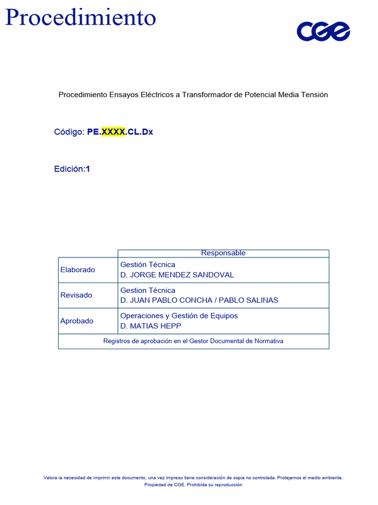 PE - XX.CL - DX - Procedimiento Ensayos Eléctricos A Transformador de Potencial Media Tensión ...