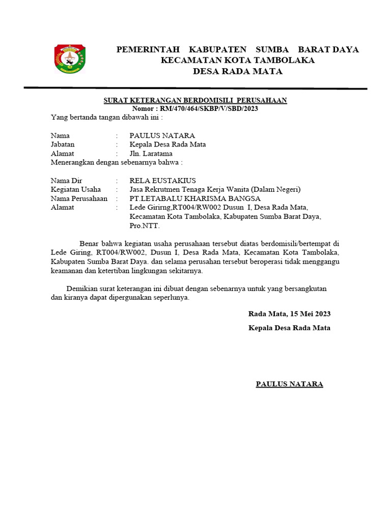 Surat Keterangan Domisili Perusahaan SBD | PDF