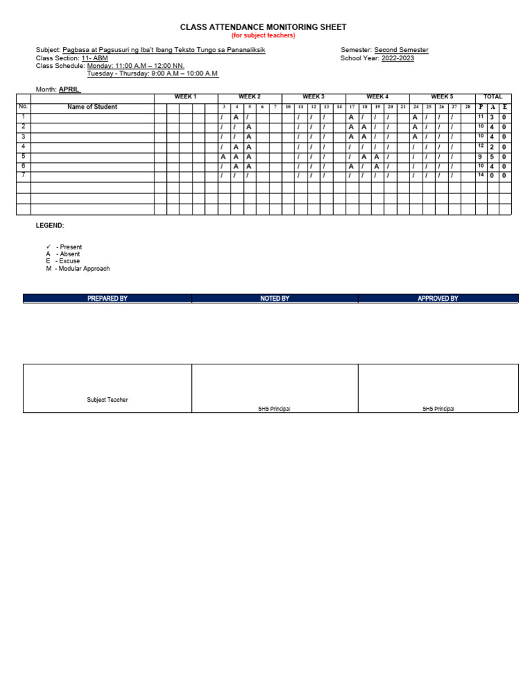 QF-08-SHS-007-G11 ABM Class-Attendance-Monitoring-Rev.-1 | PDF