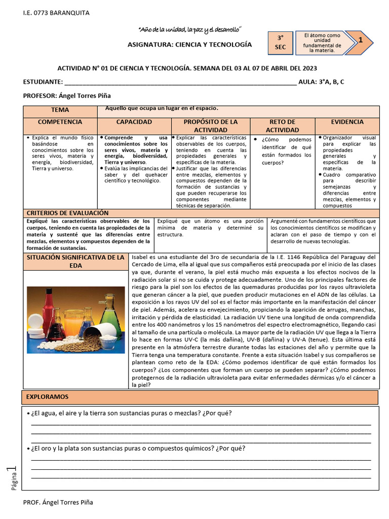 3° SEC. EDA 1 SEMANA 1 CYT EXPLICA 2023 Aquello Que Ocupa Un Lugar en El Espacio | PDF | Mezcla ...