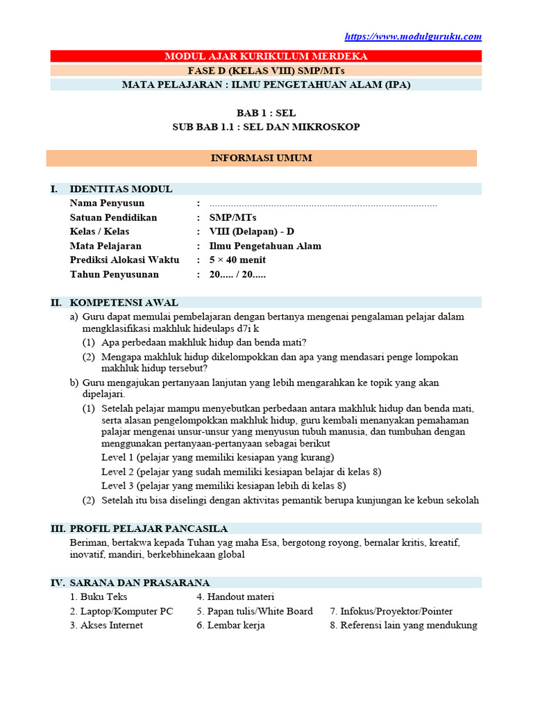 Modul Ajar IPA Kelas 8 Kurikulum Merdeka | PDF