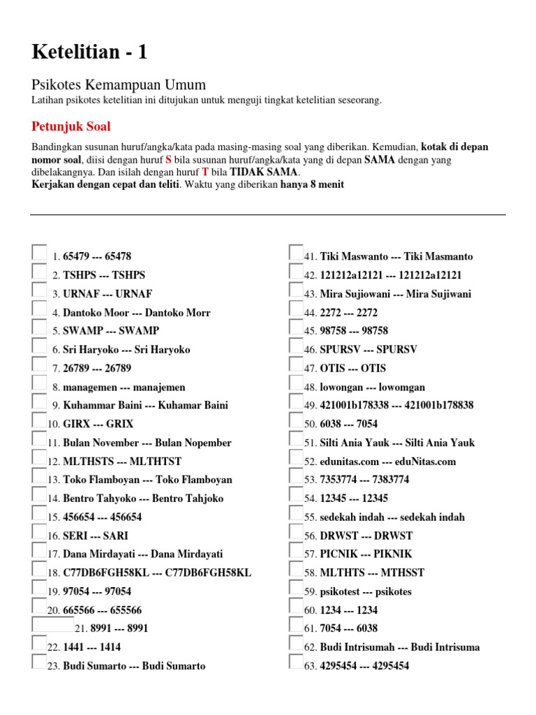 Test Ketelitian Huruf Angka Kata (Sama & Tidak Sama) | PDF