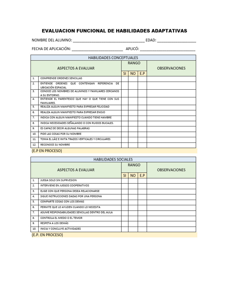 Evaluacion Funcional de Habilidades Adaptativas | Descargar gratis PDF | Evaluación