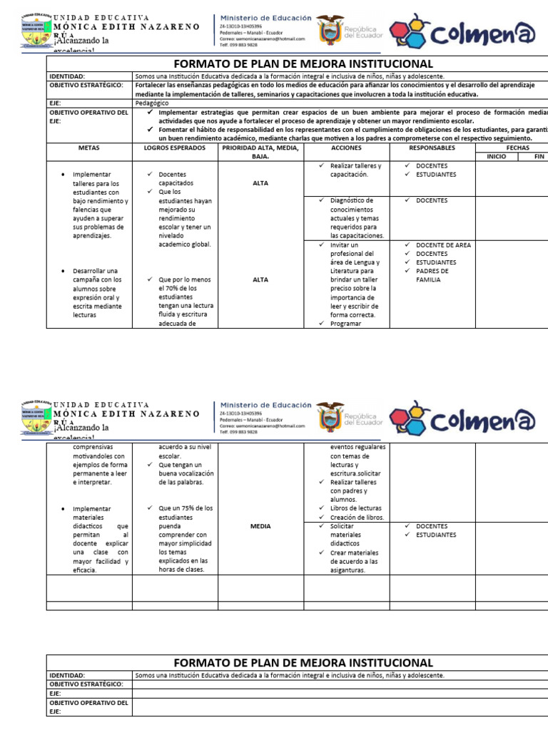 Plan de Mejora Institucional | PDF | Enseñando | Maestros