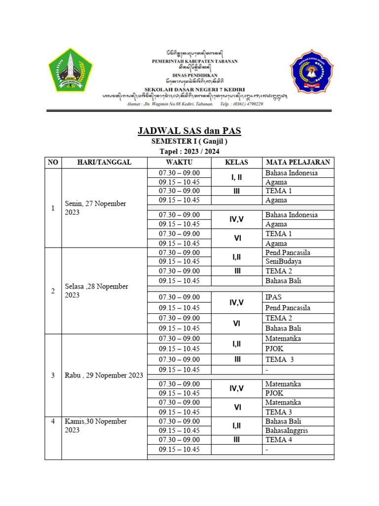 Jadwal Sas Dan Pas SDN 7 Kediri | PDF