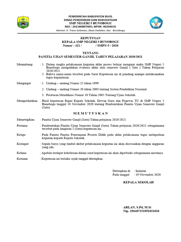 SK Panitia Ujian Semester Ganjil TP 2020-2021 | PDF