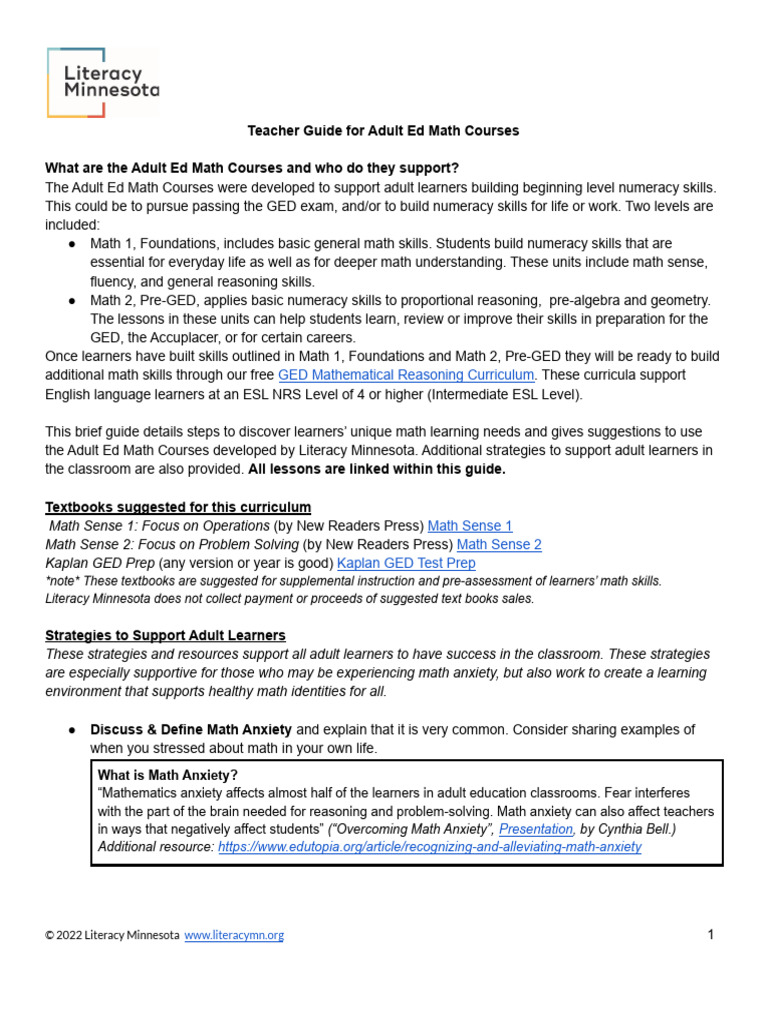 Adult Ed Math Course Teacher Guide | PDF | Mathematics | Curriculum
