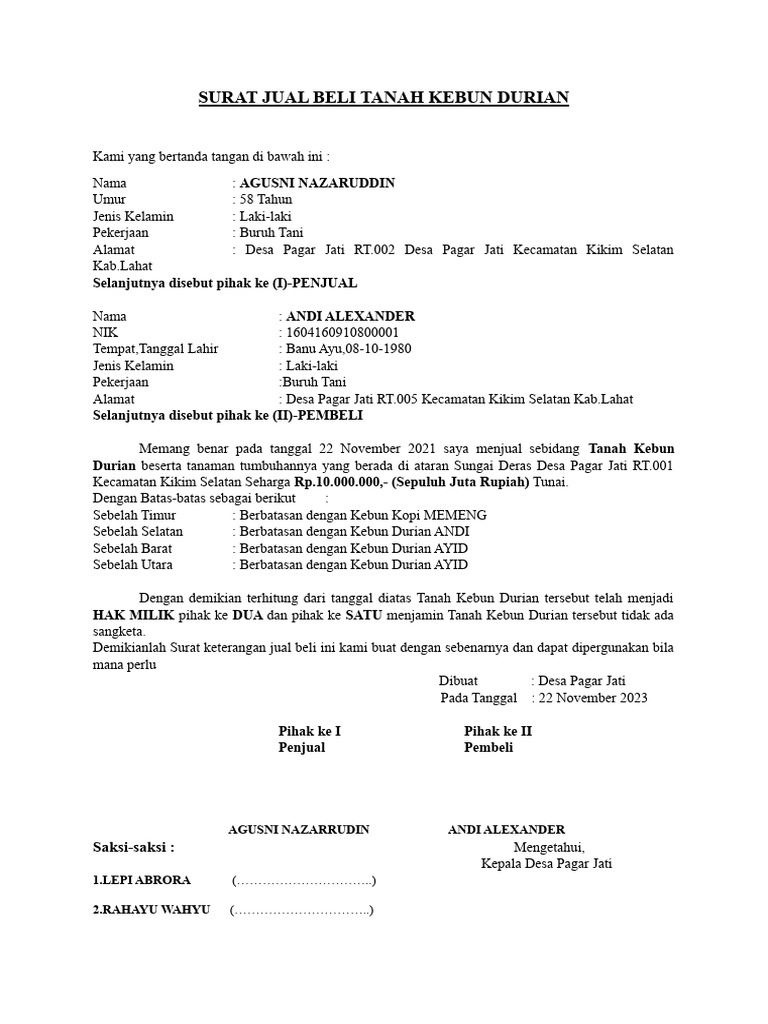 Surat Jual Beli Tanah Kebun Durian Andi Alexander | PDF Surat Jual Beli Tanah Kebun Durian Andi Alexander | PDF