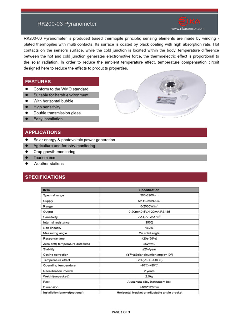 RK200-03 Pyranometer Specification v4.0 | PDF | Physical Sciences | Electrical Engineering