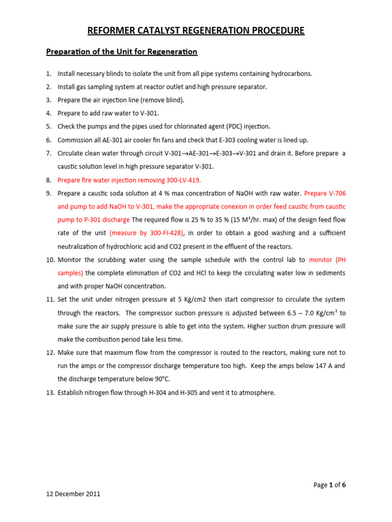 PREPARATION AND REGENERATION PROCEDURE OF REFORMER CATALYST 121211 REv ...