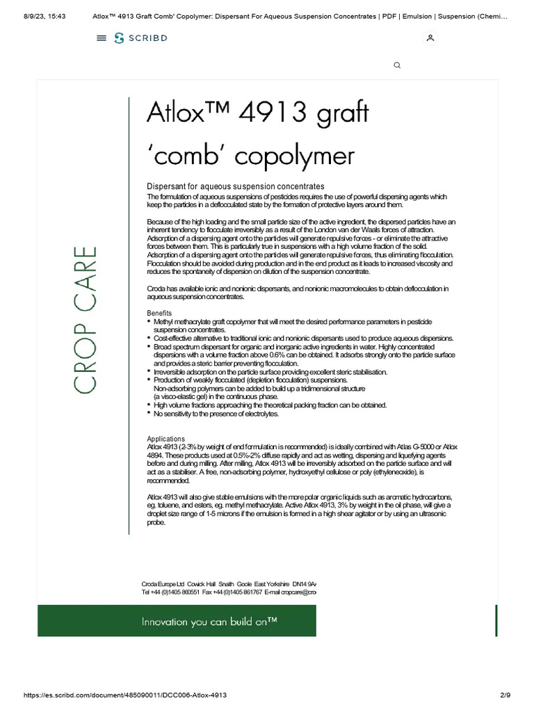 Atlox™ 4913 Graft Comb' Copolymer - Dispersant For Aqueous Suspension ...