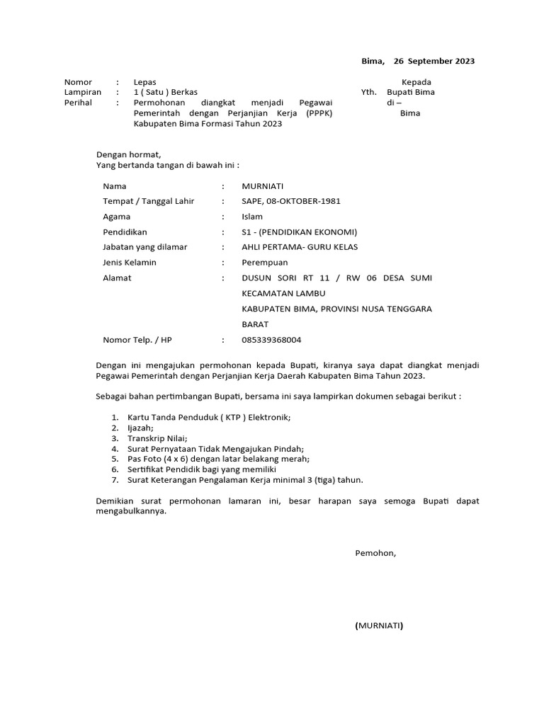 Surat Lamaran Kerja PPPK Guru 2023 | PDF
