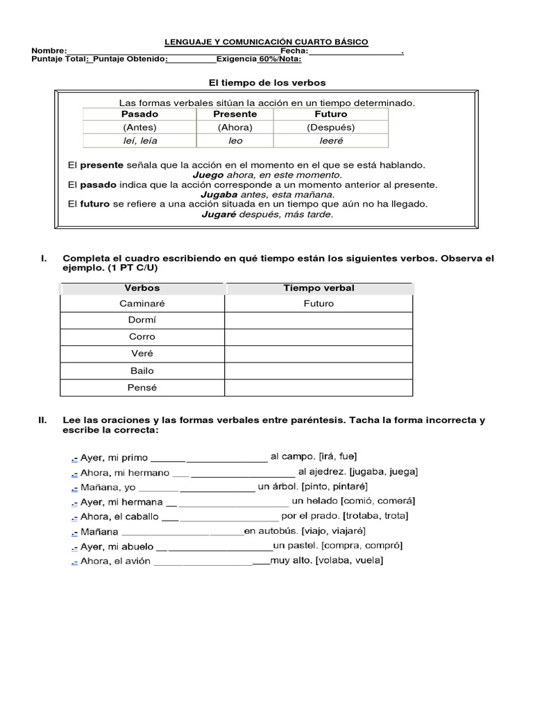 Evaluacion Tiempos Verbales | PDF