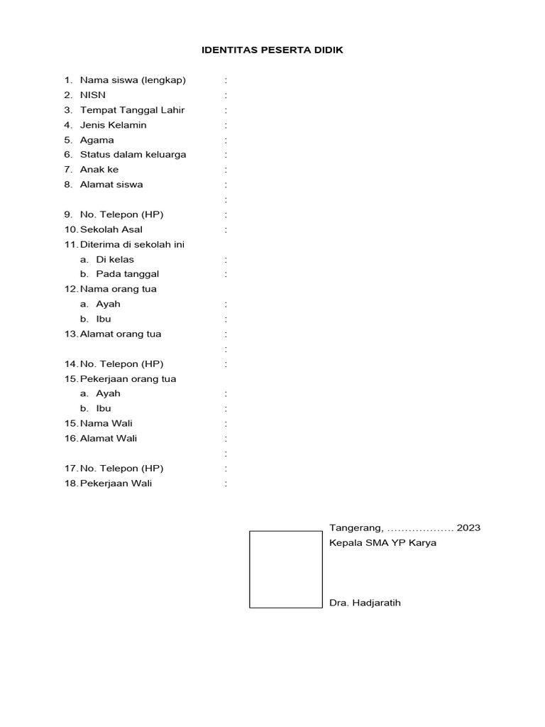 Identitas Diri Siswa Sma | PDF